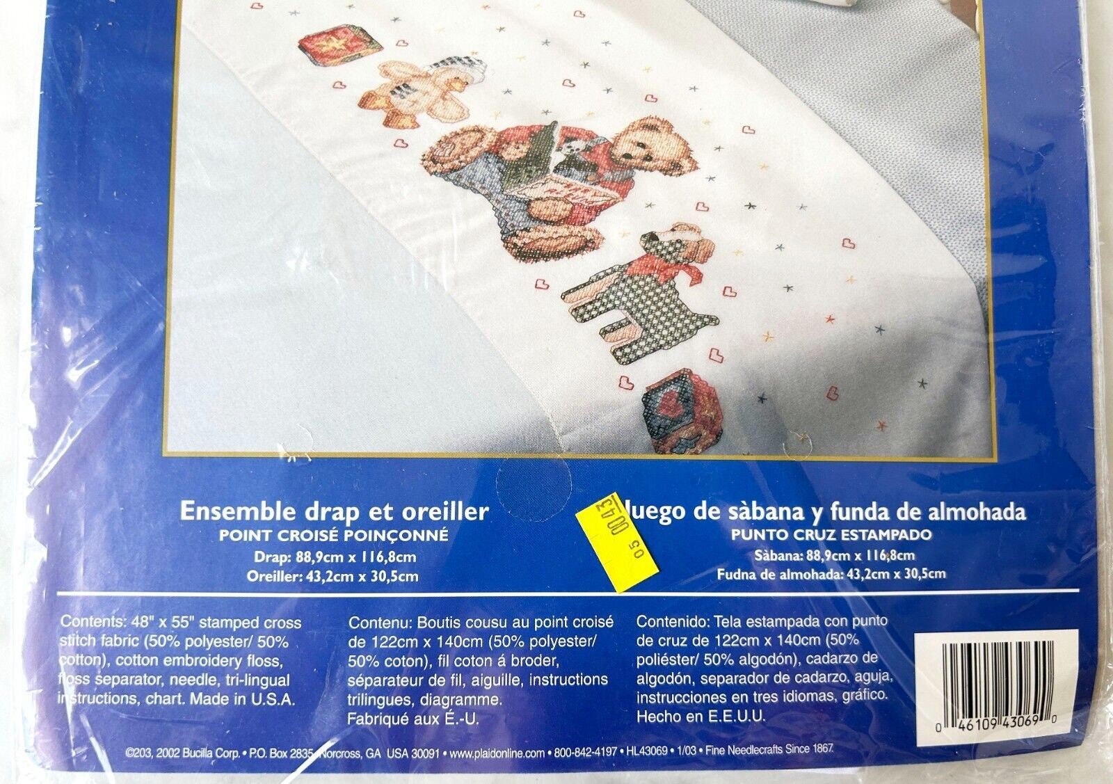 Bucilla Blue Jean Teddy Bear Sheet & Pillowcase Stamped Cross Stitch ...