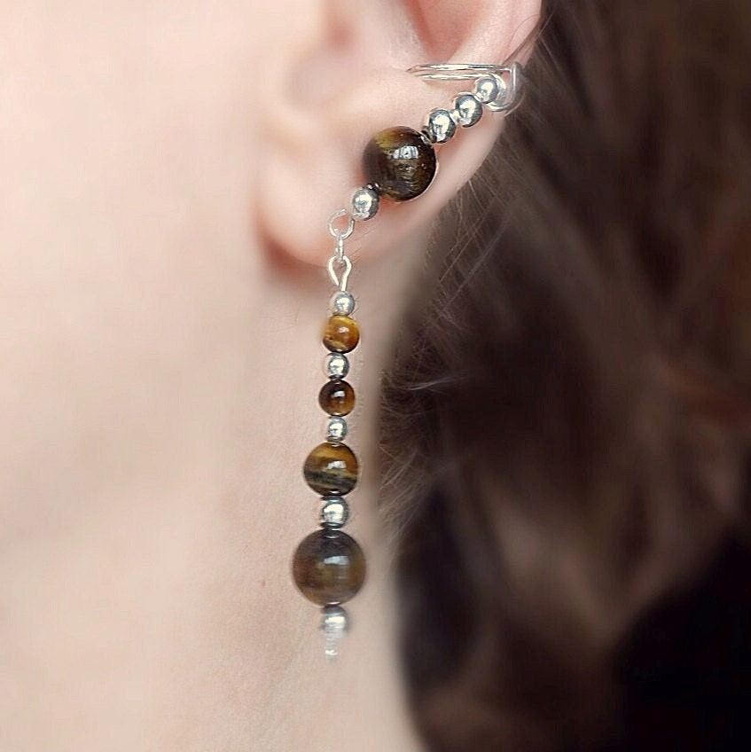 Tiger's Eye and Silver Drop Ear Cuffs, Pair, Glamorous and Comfortable ...