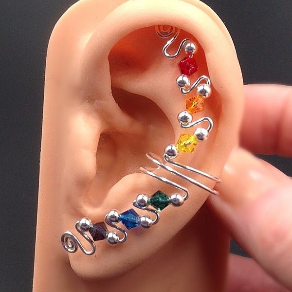 Pair of Black and Sterling Silver Ear Cuff Earrings With Little White ...