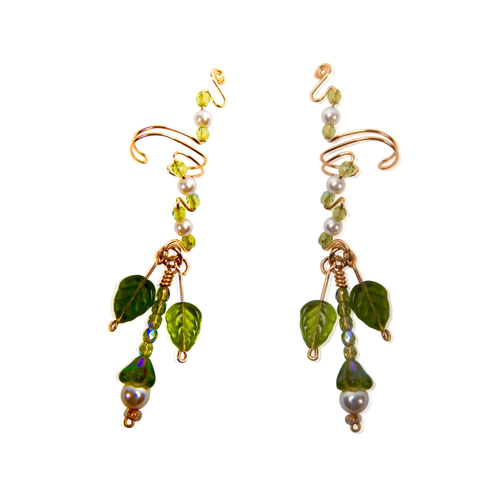 Elegant Ear Cuffs, 14K Gold Filled Wire, Green Czech Glass Leaves ...