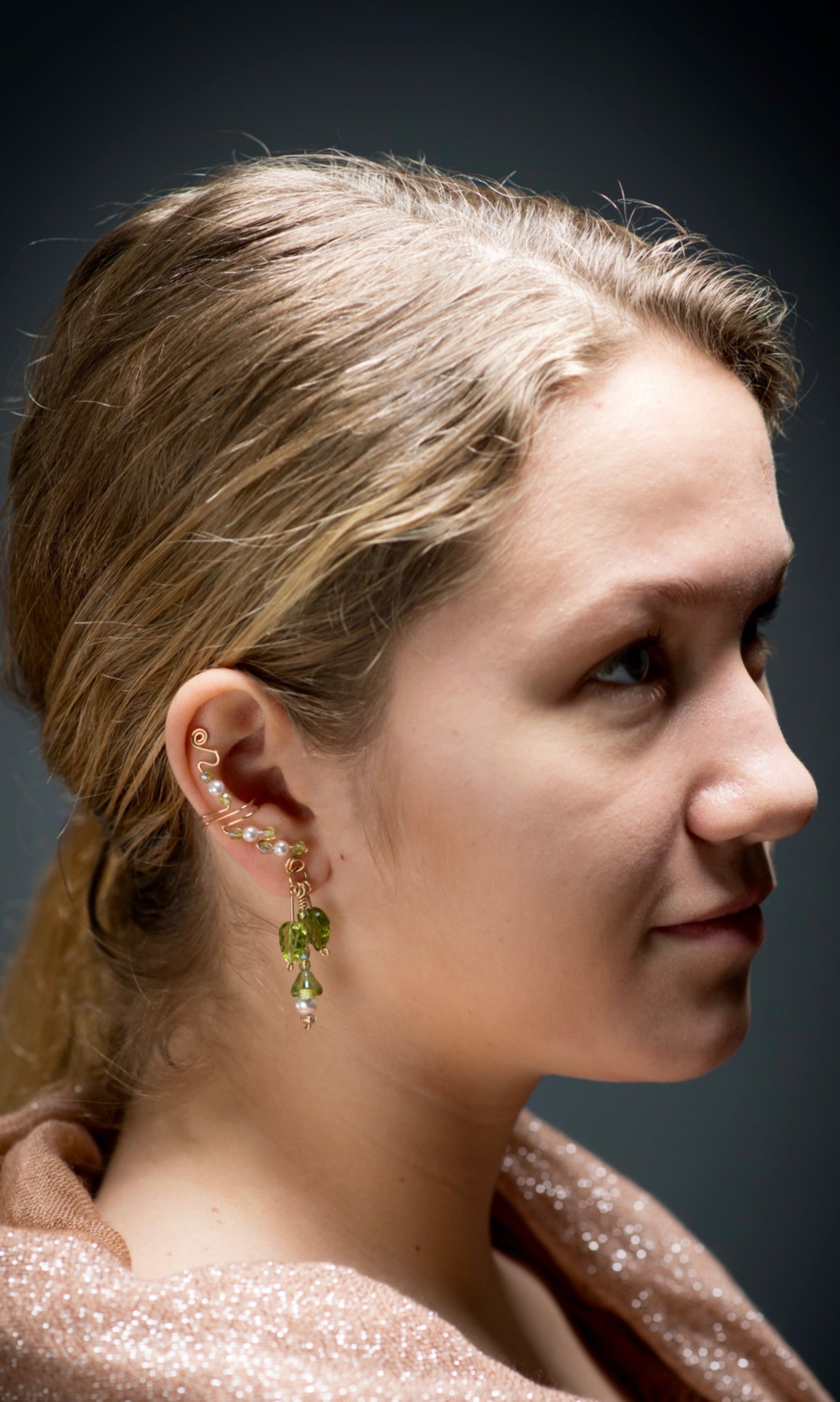 Elegant Ear Cuffs, 14K Gold Filled Wire, Green Czech Glass Leaves ...