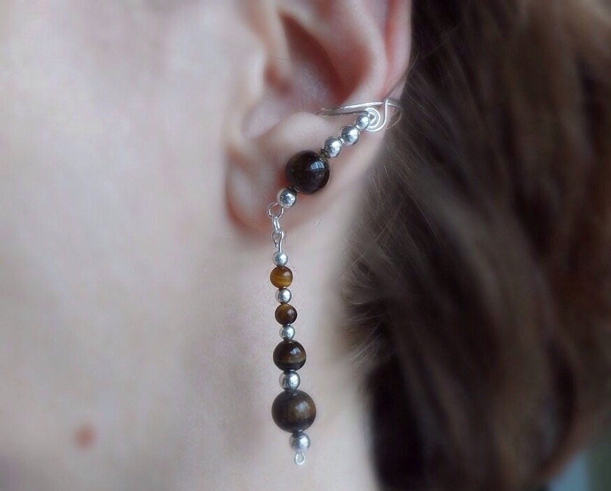 Tiger's Eye and Silver Drop Ear Cuffs, Pair, Glamorous and Comfortable ...