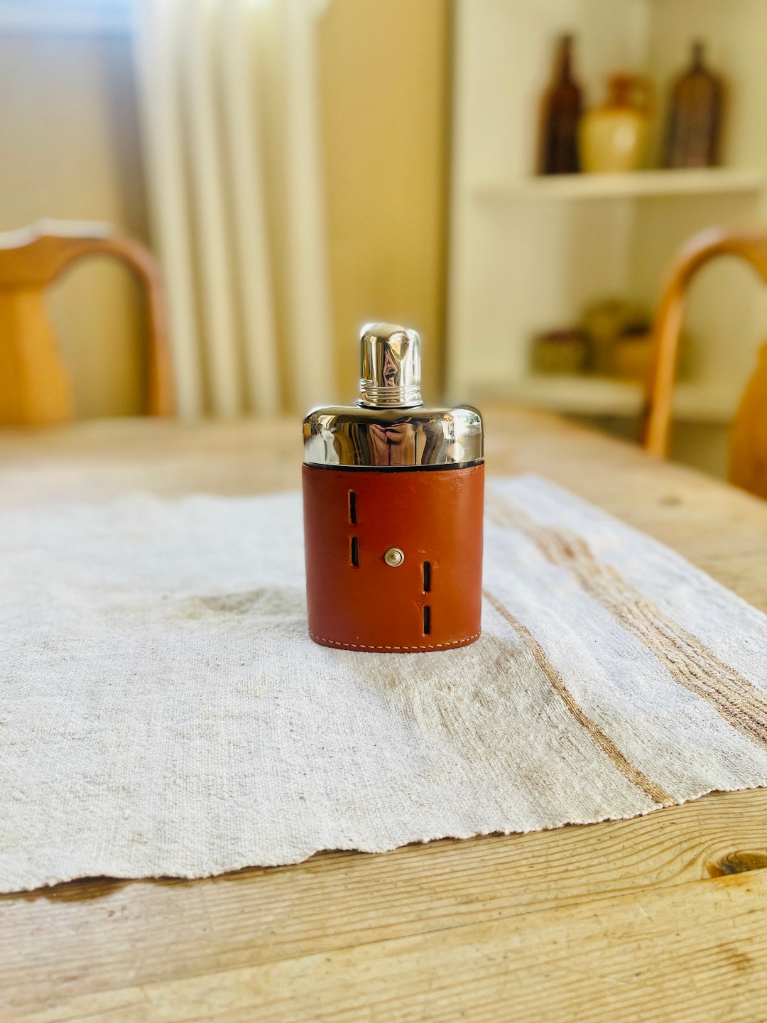 Vintage English Leather and Glass Hip Flask Stadium Flask - Etsy