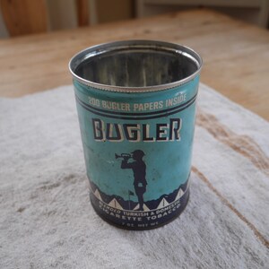 Turquoise Blue Vintage Bugler Tin Can, Blue Bugler Tobacco Papers Can ...