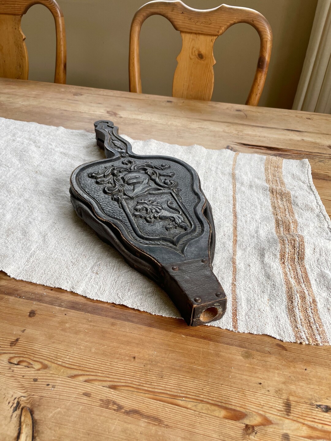 Primitive Antique Bellow Hand Carved Ornate Wood Medieval Leather ...