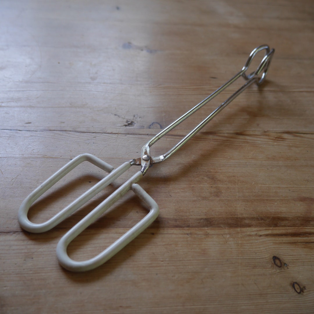 Vintage Tongs With White Handle, Large Stainless Steel Tongs Made in ...