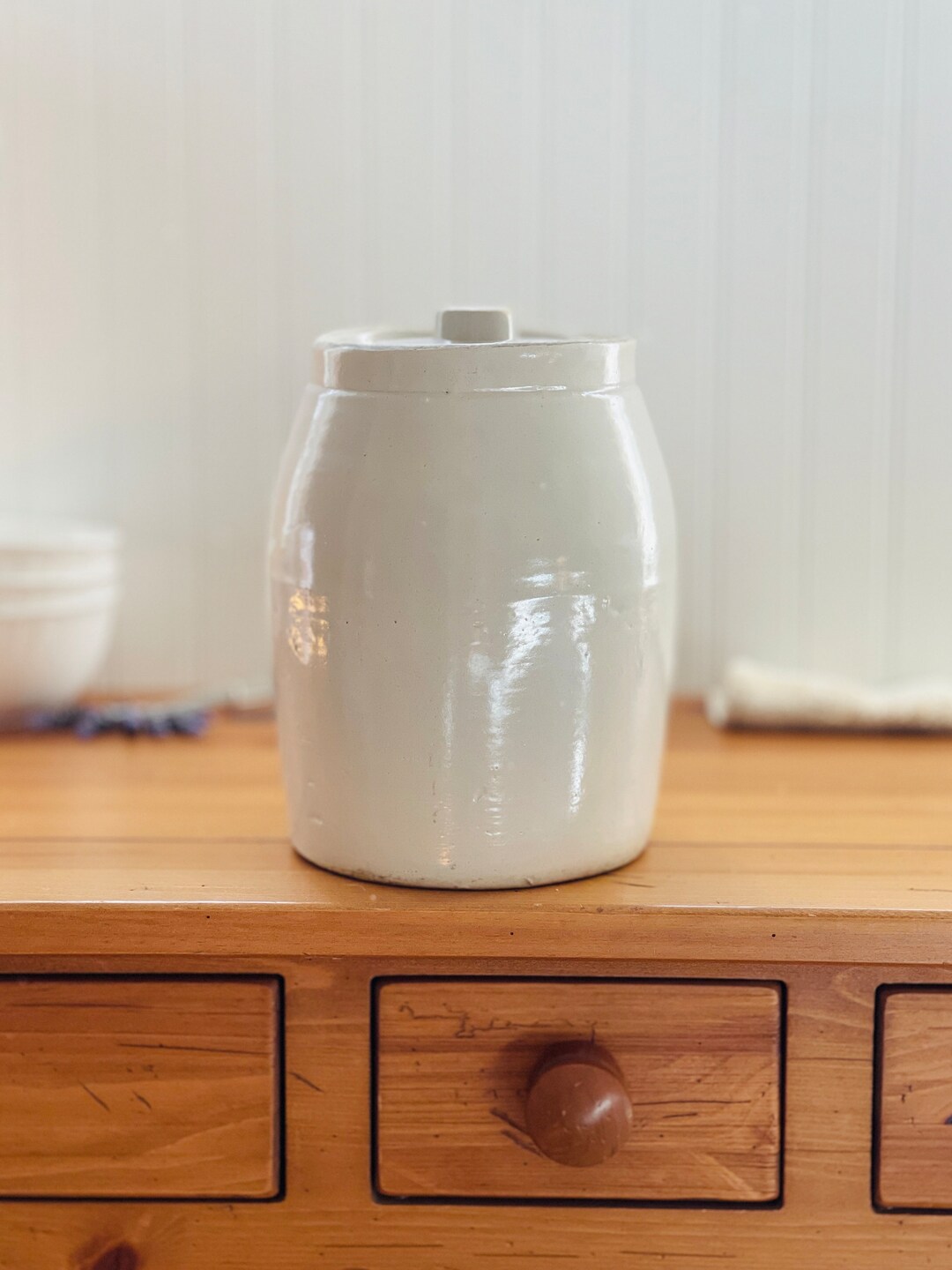 Vintage Stoneware Pantry Crock With Lid, Antique Primitive Canister ...