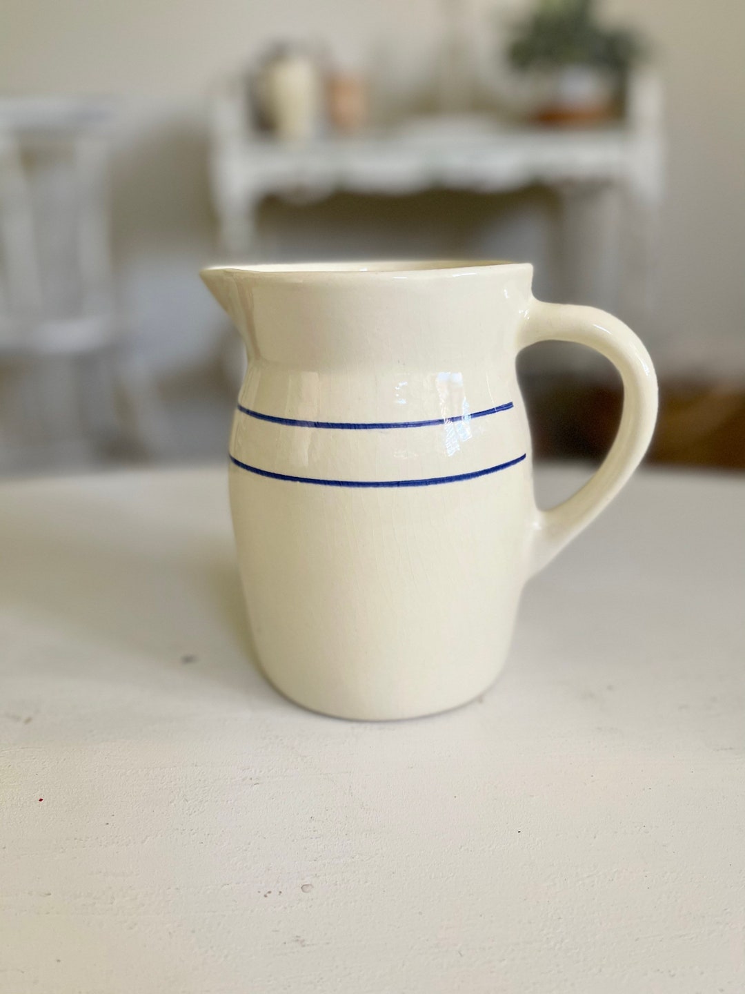 Vintage Primitive Pitcher With Blue Stripes - Etsy