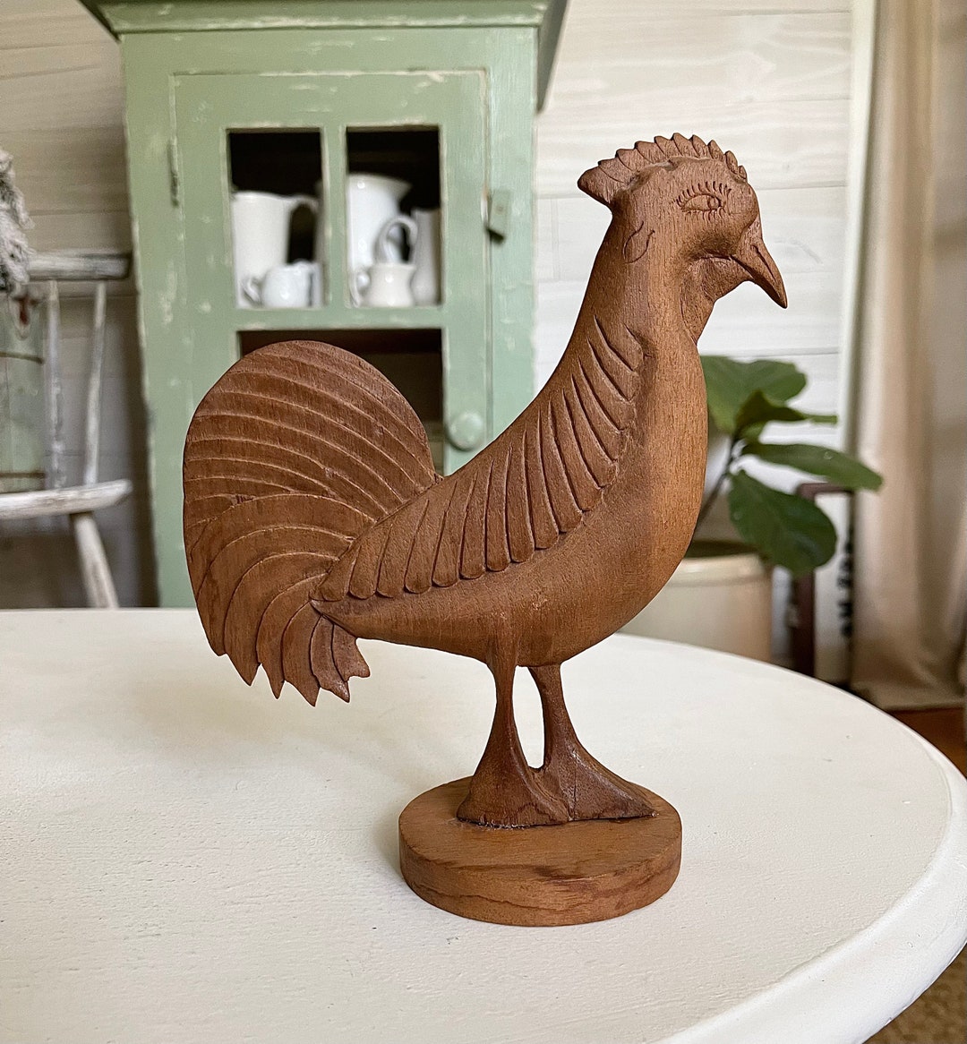 Vintage Hand Carved Wood Rooster / Wooden Rooster / Shelf Rooster ...