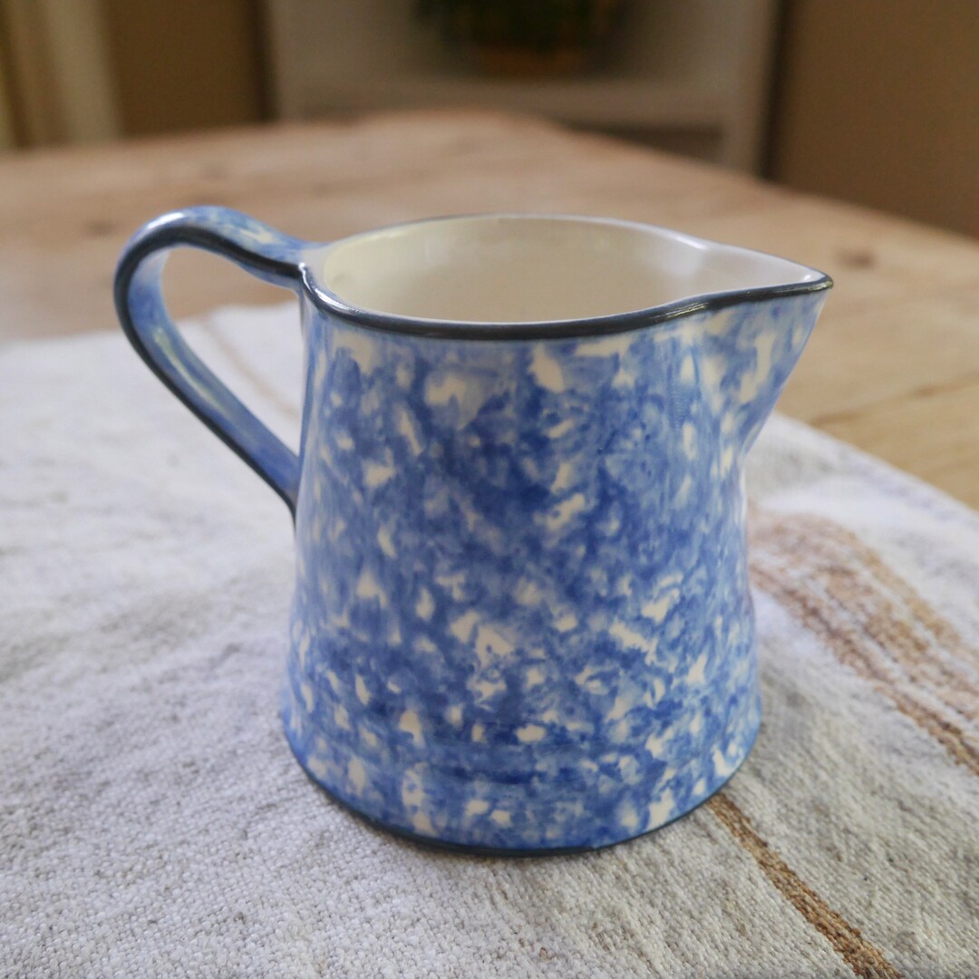 Vintage Cream Pitcher, Stangl Pottery, Vintage Blue Spongeware Pitcher ...