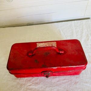 Vintage Red Metal Tool Box, Vintage Tool Box Excelsior USA Steel Mid ...