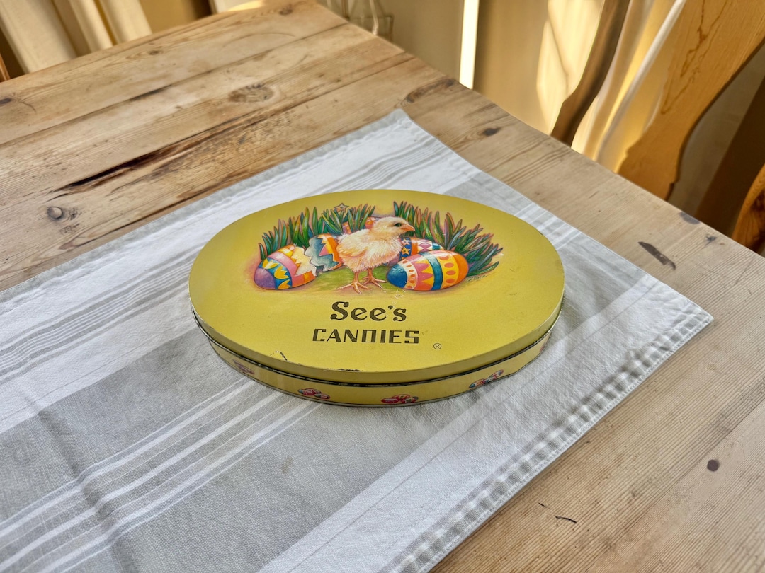 Vintage Sees Candy Tin Container, Easter Chick and Eggs Yellow Sees ...