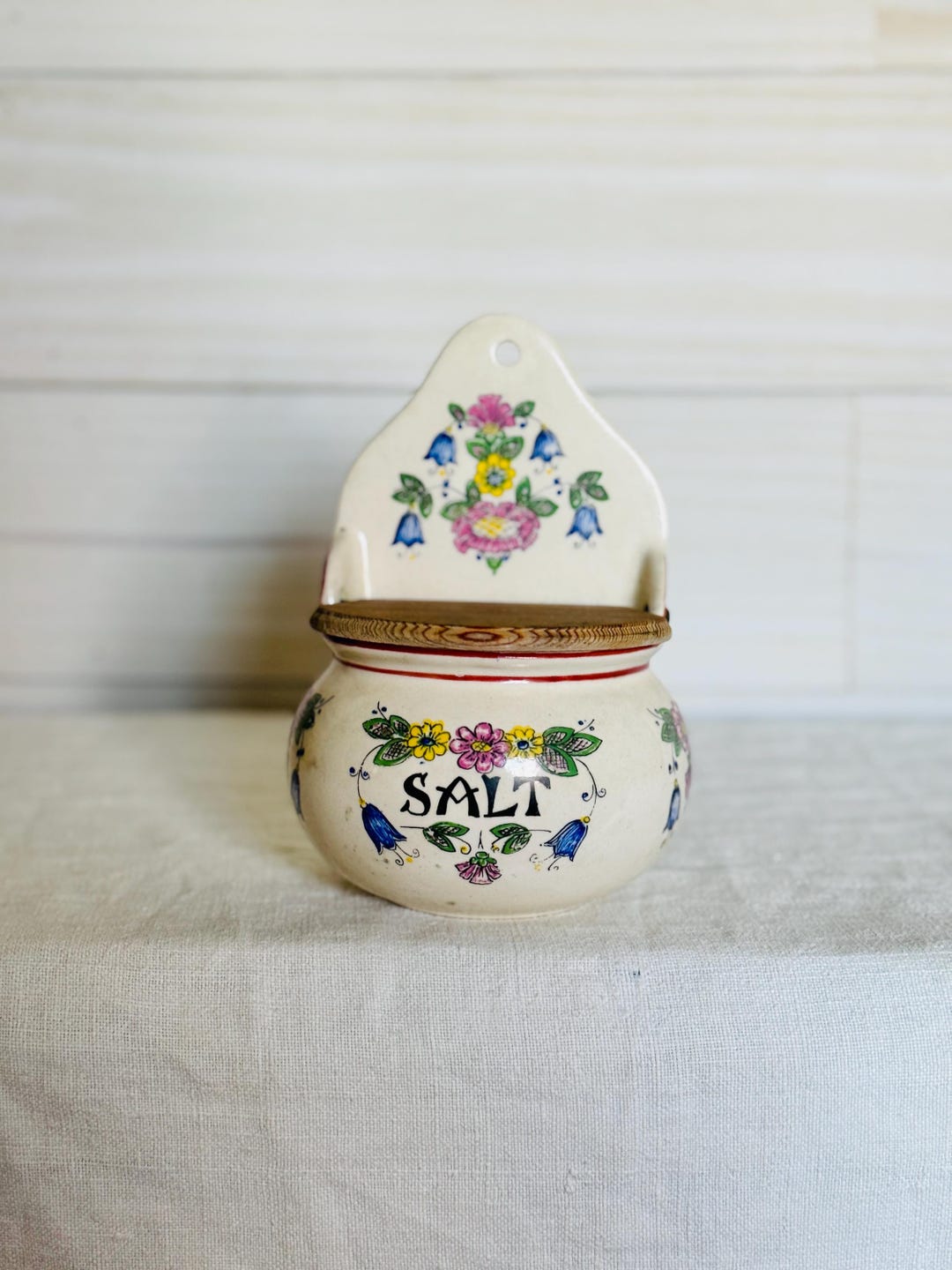 Vintage Salt Box Salt Cellar With Wood Lid and Flower Design, Aksini ...
