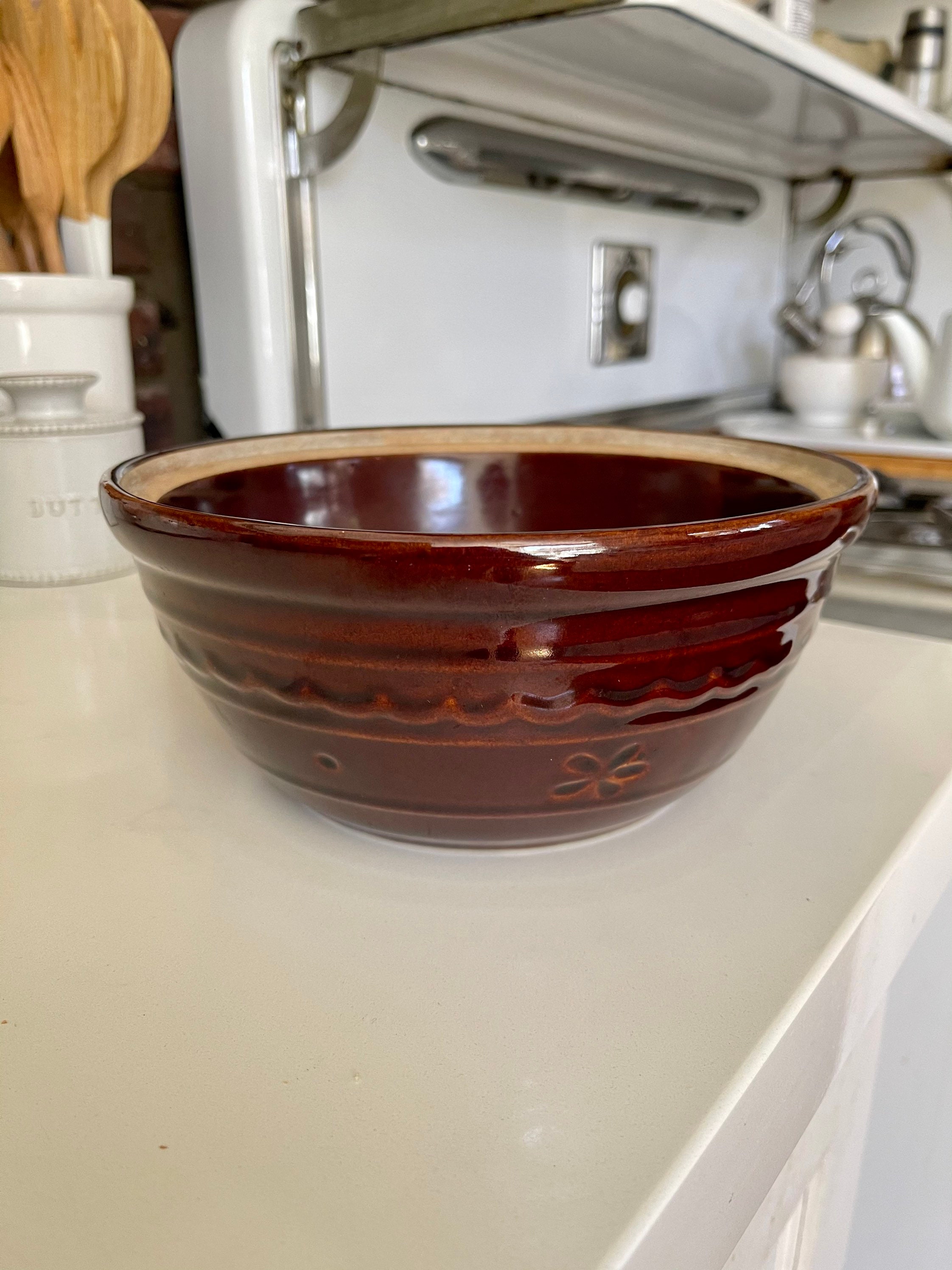 Vintage Marcrest Brown Stoneware Bowl / Dot and Daisy Pattern - Etsy.de