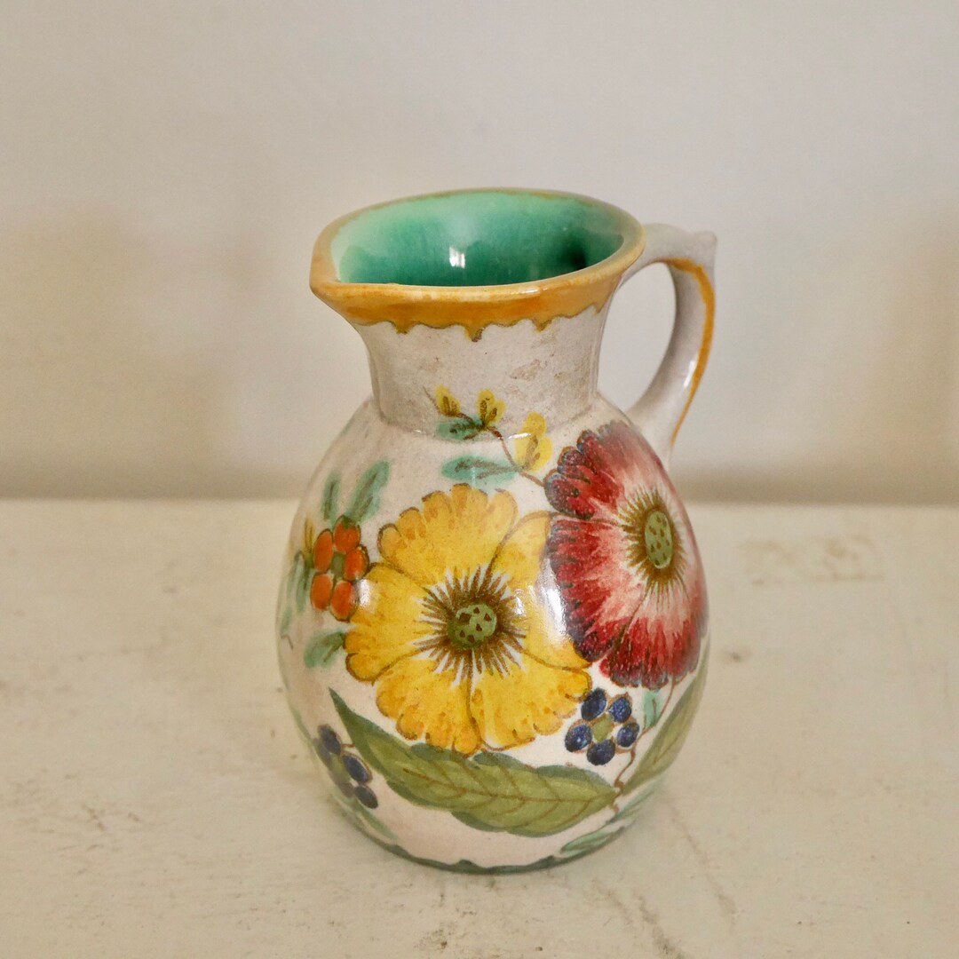 Rare Vintage Royal Gouda Art Pottery Pitcher, White With Floral Design ...