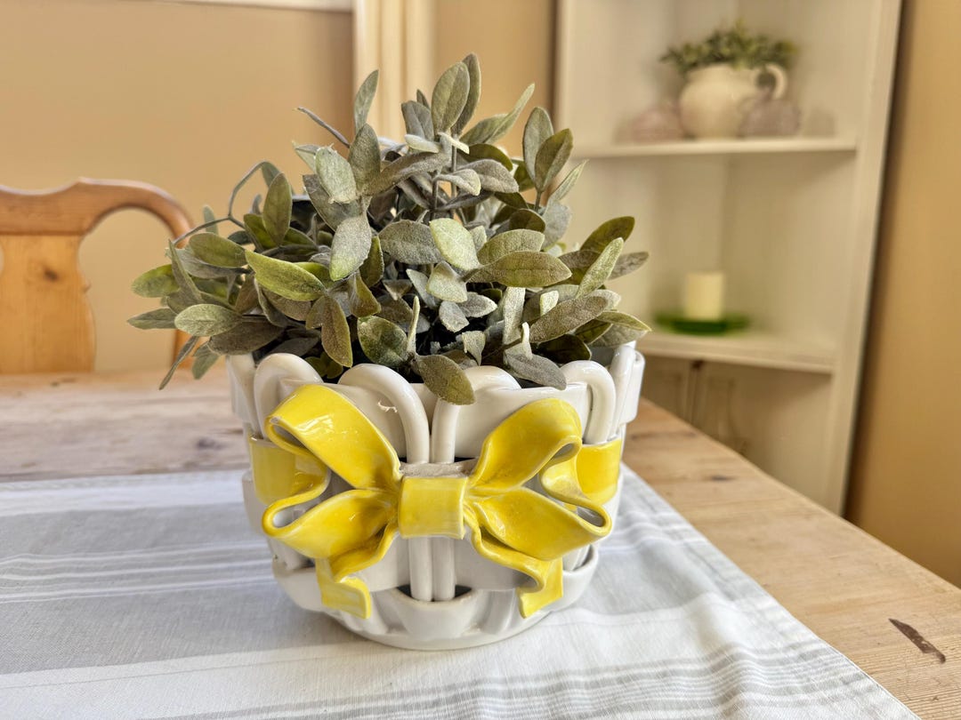 RESERVED for Jackie Italian Ceramic Planter Pot: Yellow Ribbon Weave ...
