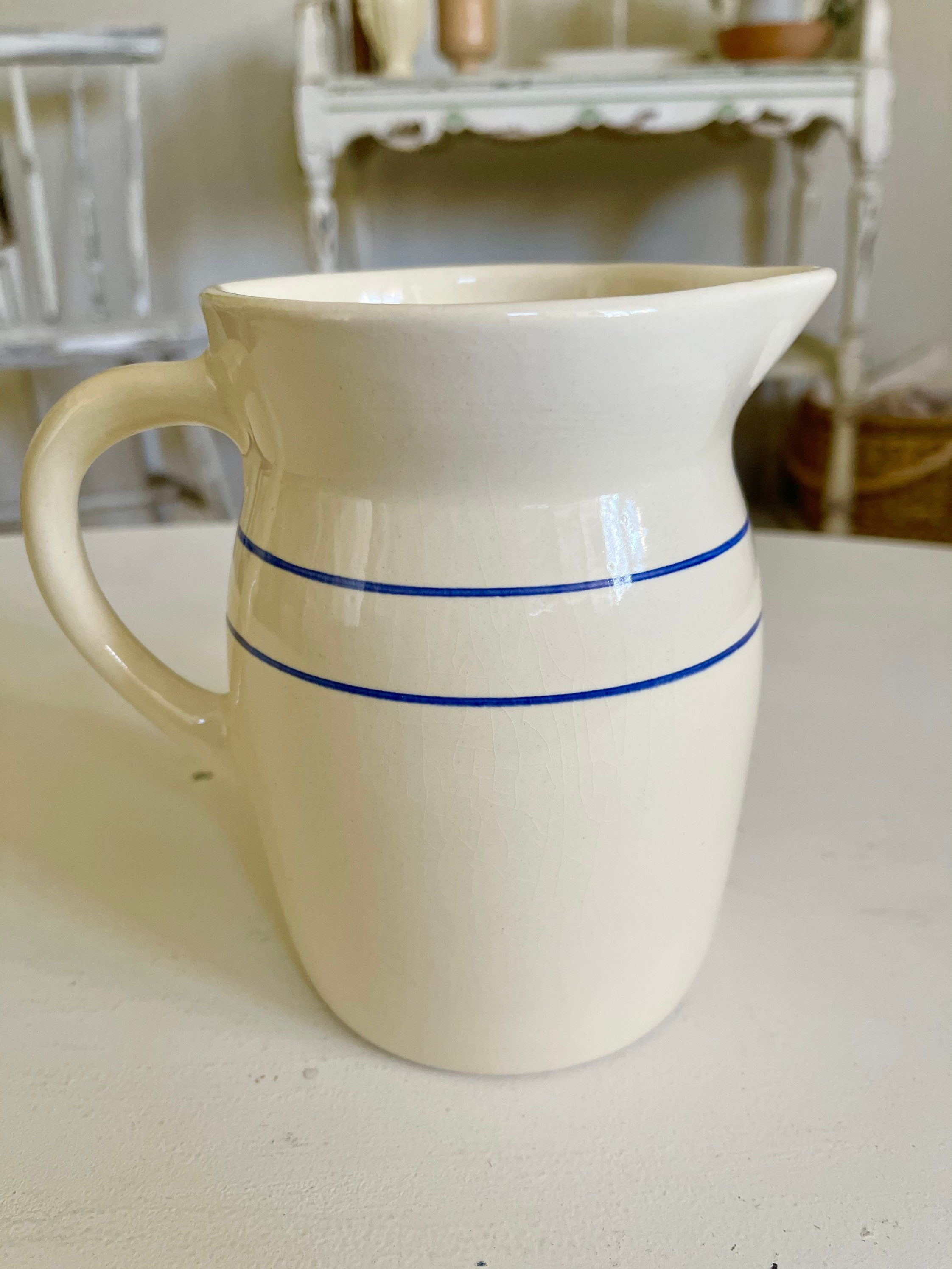Vintage Primitive Pitcher With Blue Stripes - Etsy