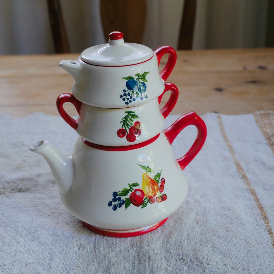 Vintage White and Red Ceramic Stacking Tea Pot With Cream and Sugar ...