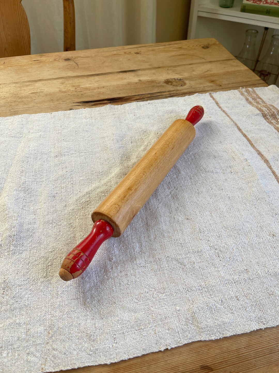 Red Handle Wood Rolling Pin, Vintage Rolling Pin - Etsy