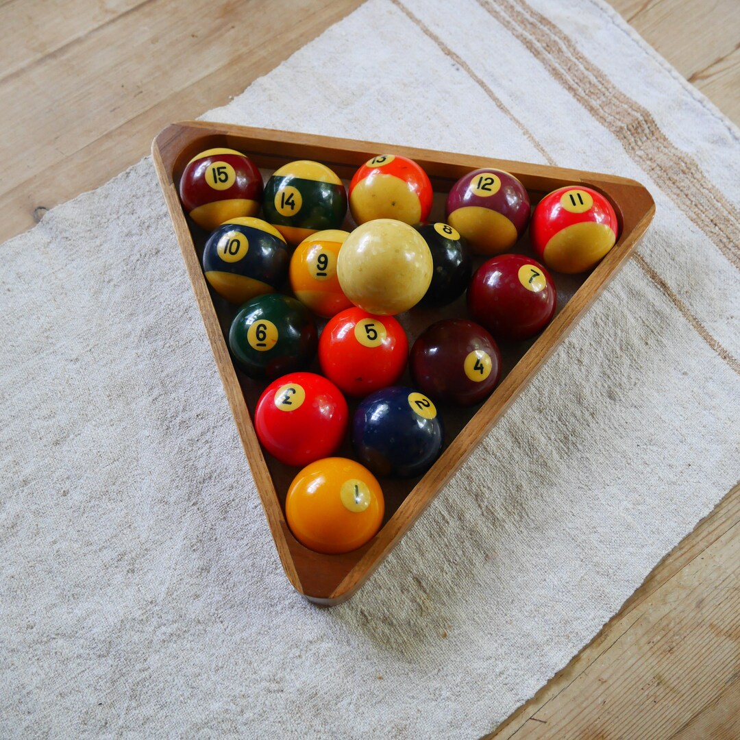 Vintage Pool Table Balls and Wood Triangle Billiard, Complete 16 Ball ...