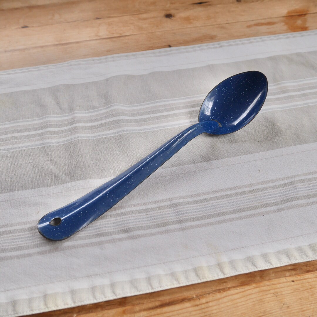 Authentic Vintage Enamelware Blue Serving Spoon / Blue Speckled Enamel ...