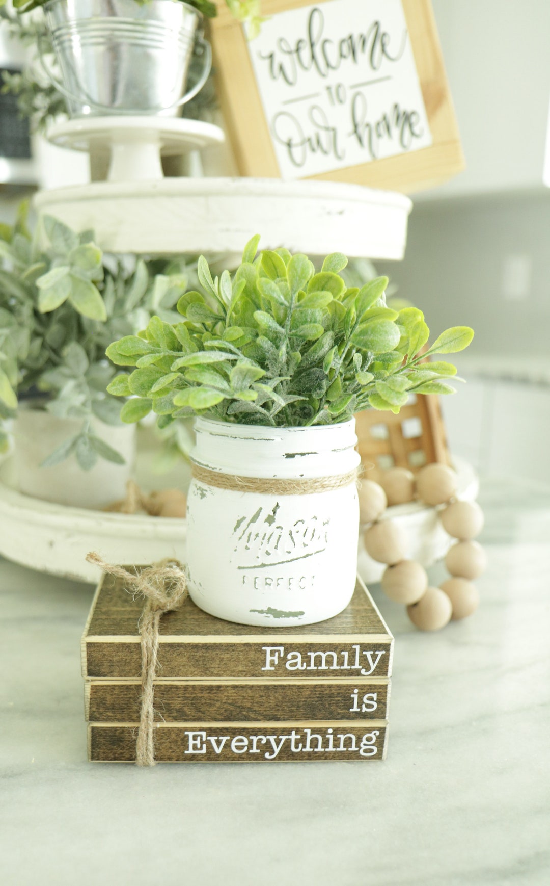 Mason Jar Boxwood Arrangement-tier Tray Farmhouse Decor-tier Tray Plant ...