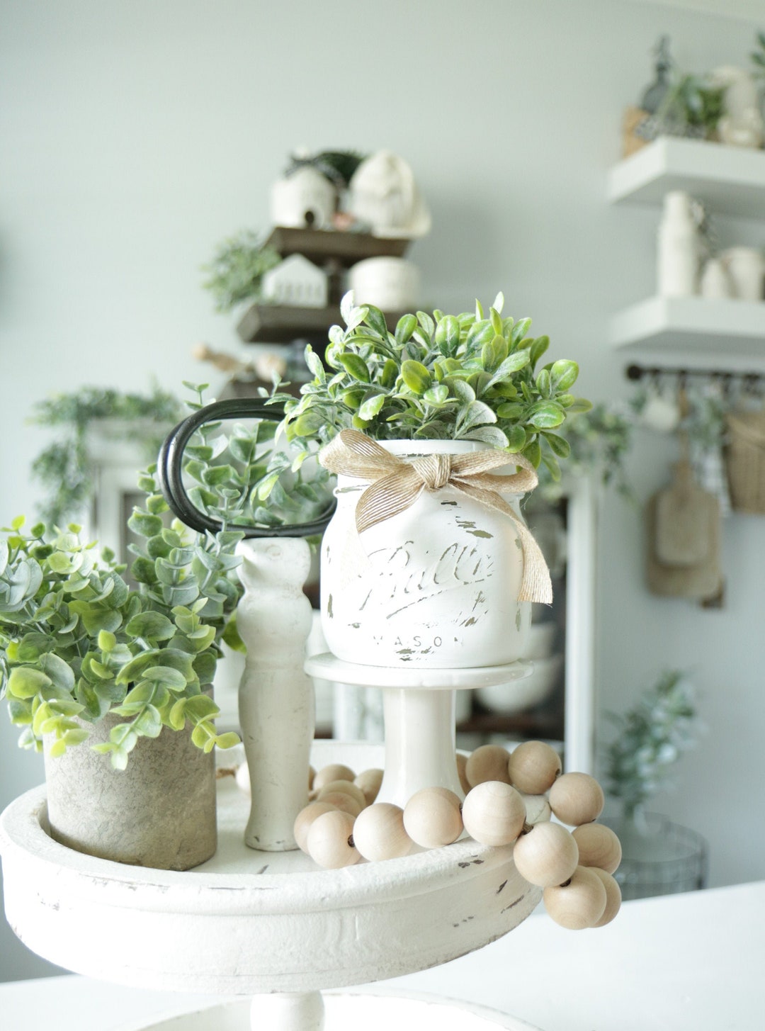 Mason Jar Boxwood Arrangement-tier Tray Farmhouse Decor-tier Tray Plant ...