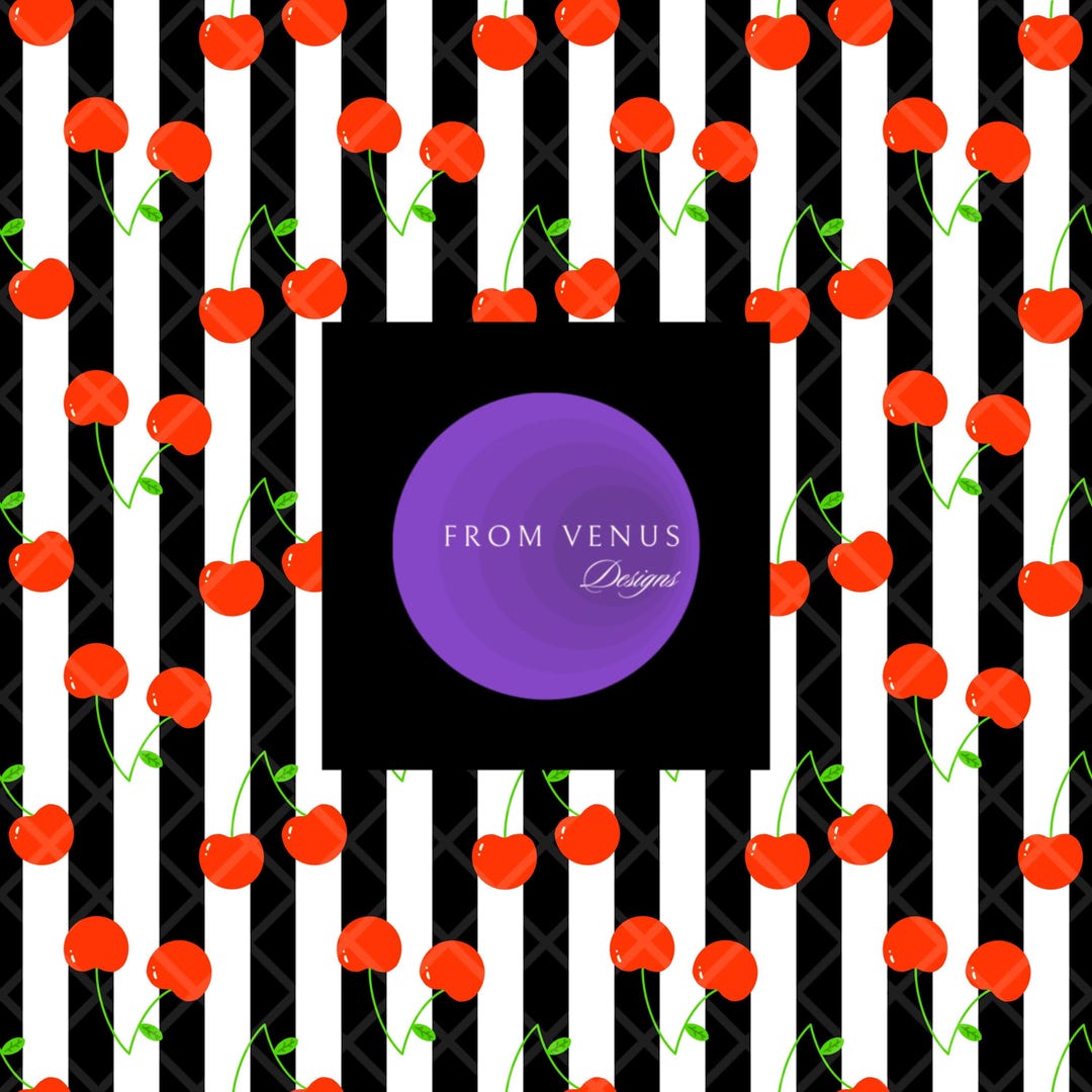 Cherries and Stripes Seamless Pattern: Black and White Digital Print ...