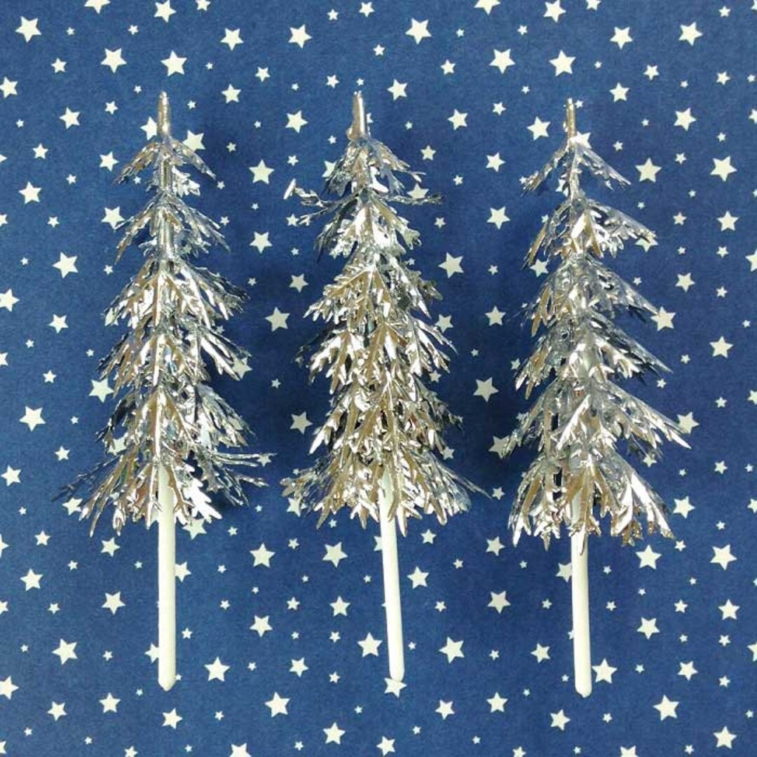 Retro Silver Pine Tree Cake Toppers, Miniature Aluminum Xmas Trees (4 ...