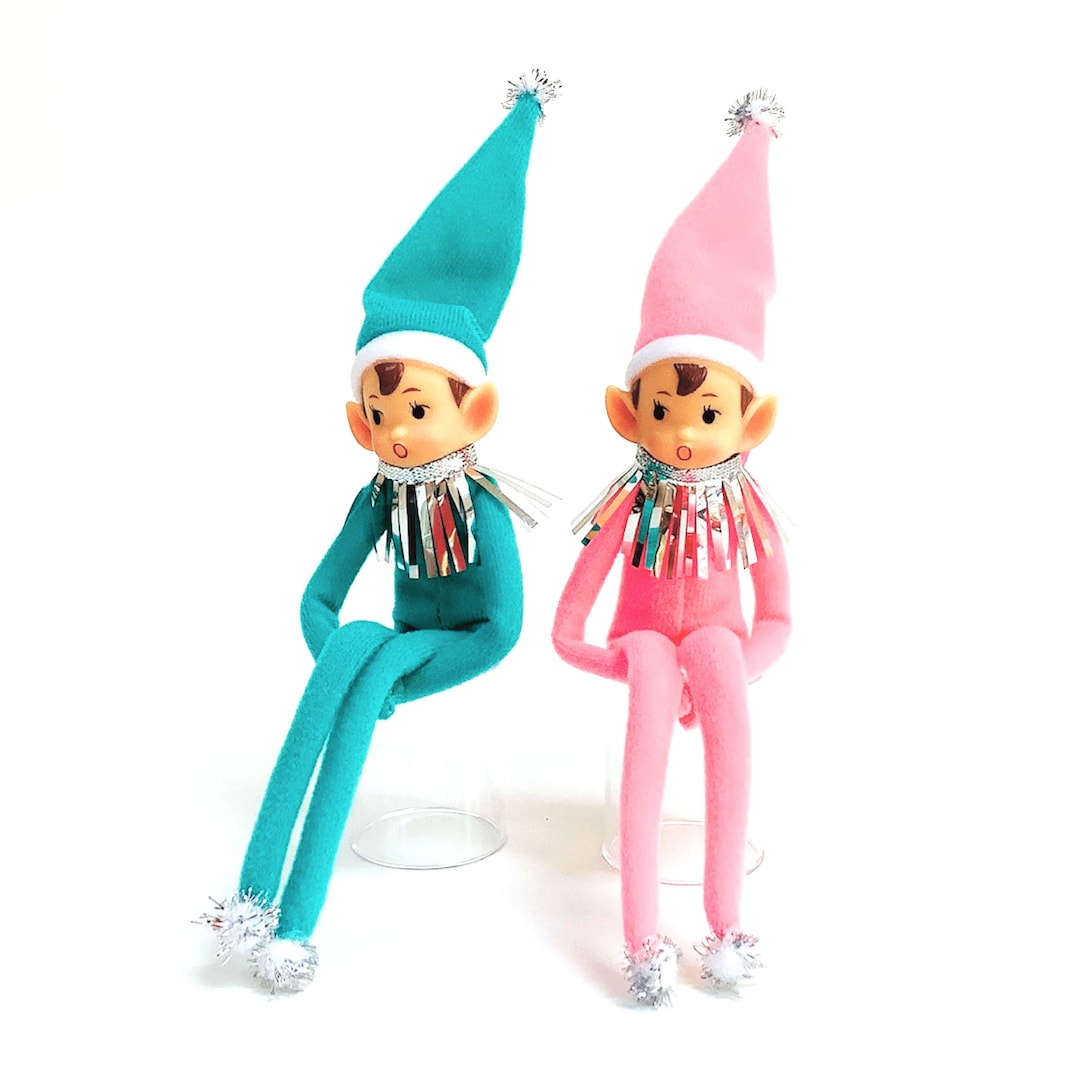 Retro Christmas Elves (set of 2), Pixie Elf Knee Huggers in Aqua & Pink ...