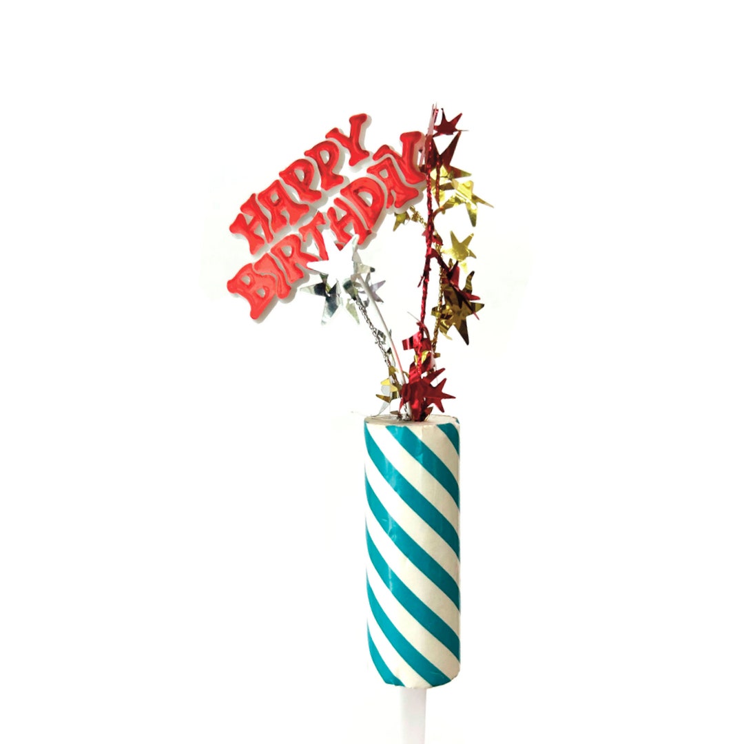 Firecracker Happy Birthday Cake Topper With Tinsel Fringe - Etsy