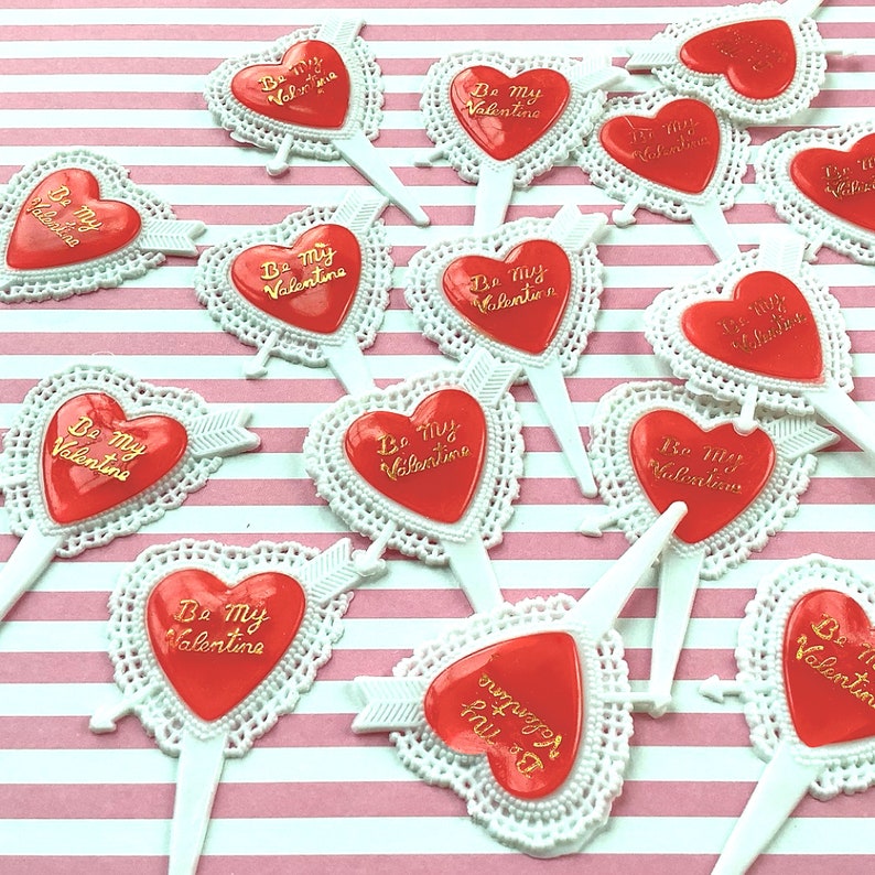 Valentine Heart Cake Picks (12), Be My Valentine Cupcake Toppers, Lace ...