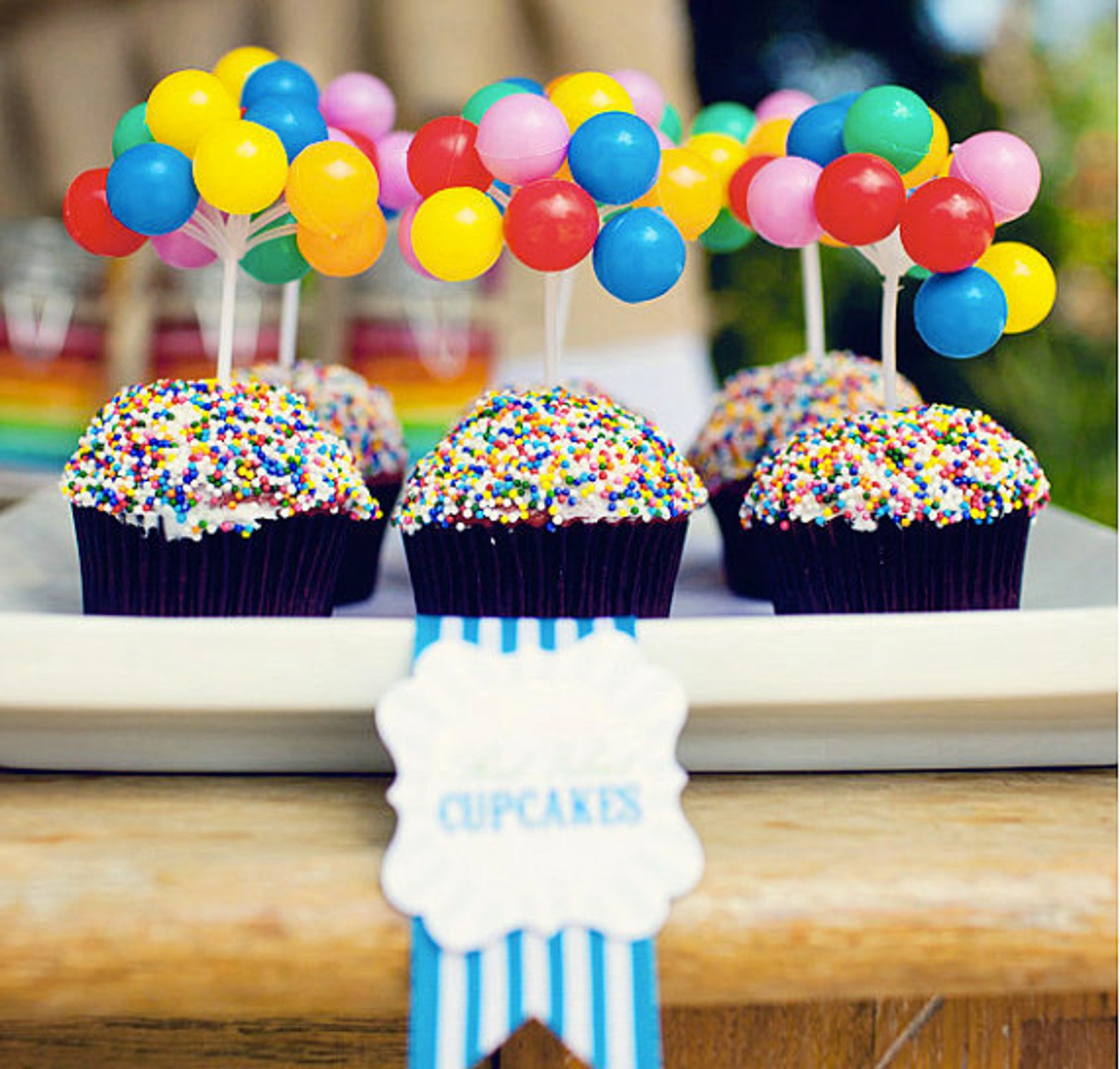 Party Balloon Cupcake Picks (3 Stems), Rainbow Toppers, Plastic Cake ...