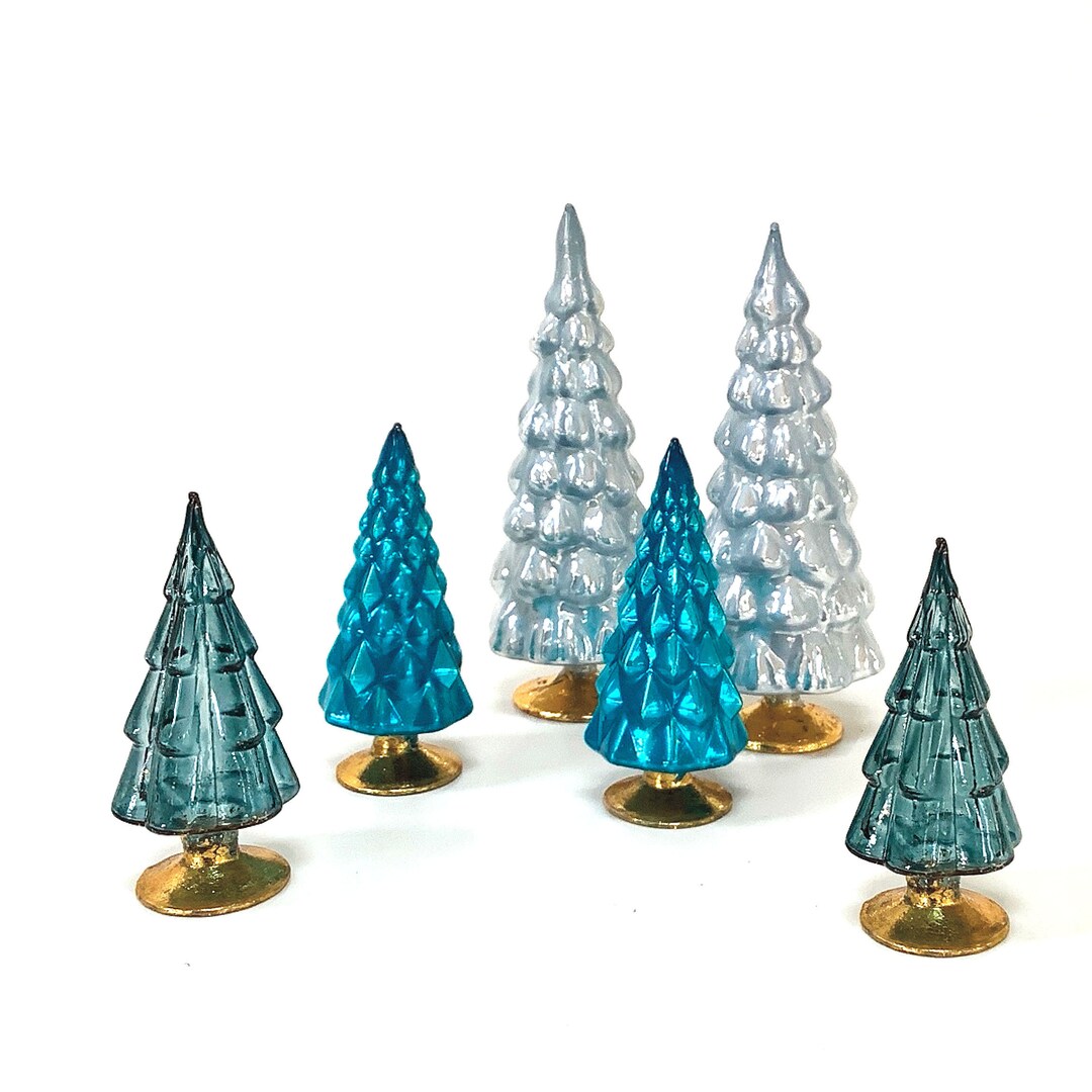 Blue Hue Glass Trees, Set of Six: 6.5" 4.5" 4", Cody Foster Holiday ...