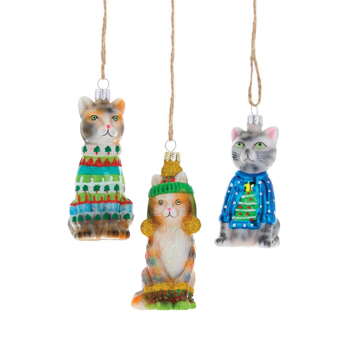 Festive Kitty in Holiday Sweater, Glass Cat Ornaments, Cody Foster - Etsy