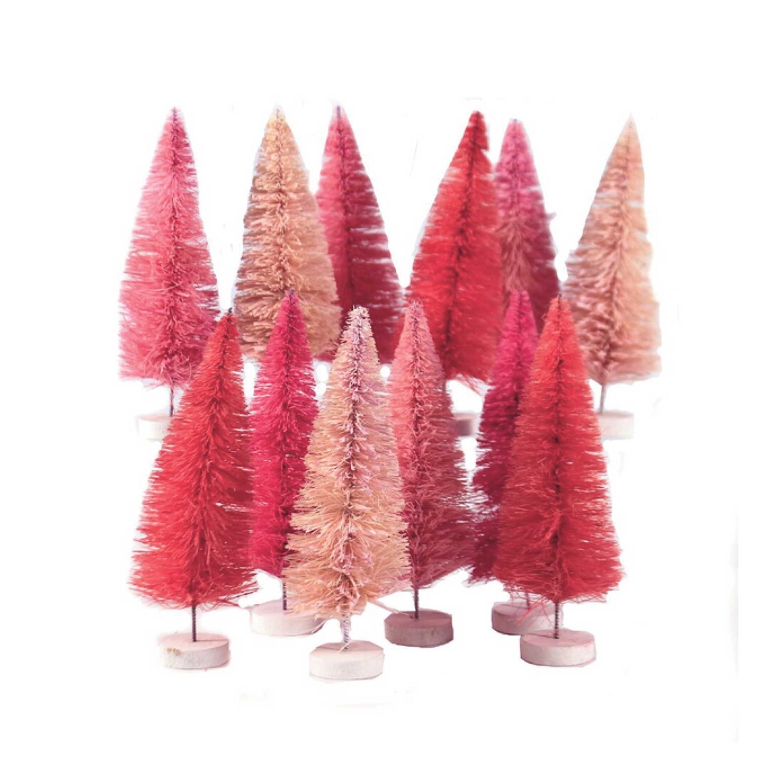 Pink Hue Bottle Brush Trees Set of 12, 6 Christmas Sisal Tree, Putz ...