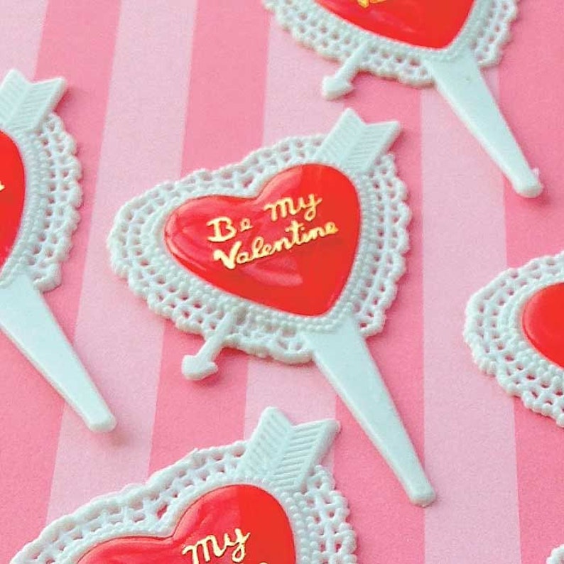 Valentine Heart Cake Picks (12), Be My Valentine Cupcake Toppers, Lace ...