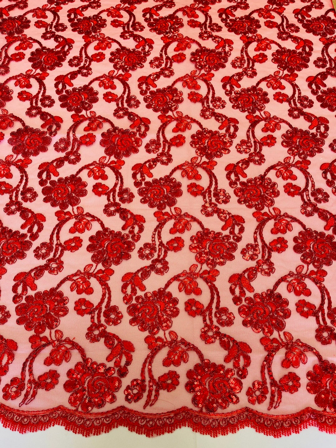 Red Flower Lace Corded and Embroider With Sequins on a Mesh-prom ...