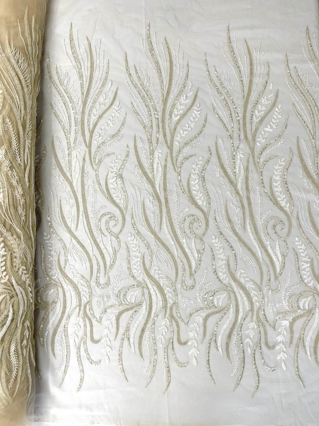 Beige Feather Damask Embroider With Sequins and Clear Heavy Beaded on a ...