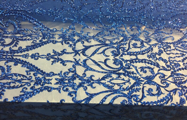 Royal Blue Damask Design Embroider With Sequins on a 2 Way Stretch Mesh ...