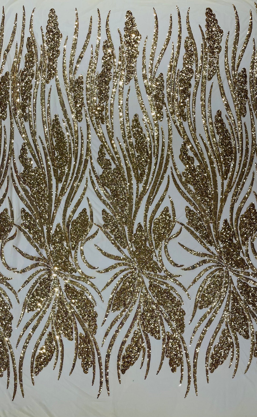 Gold Feather Damask Shiny Sequin Design on a 4 Way Stretch Mesh Fabric ...