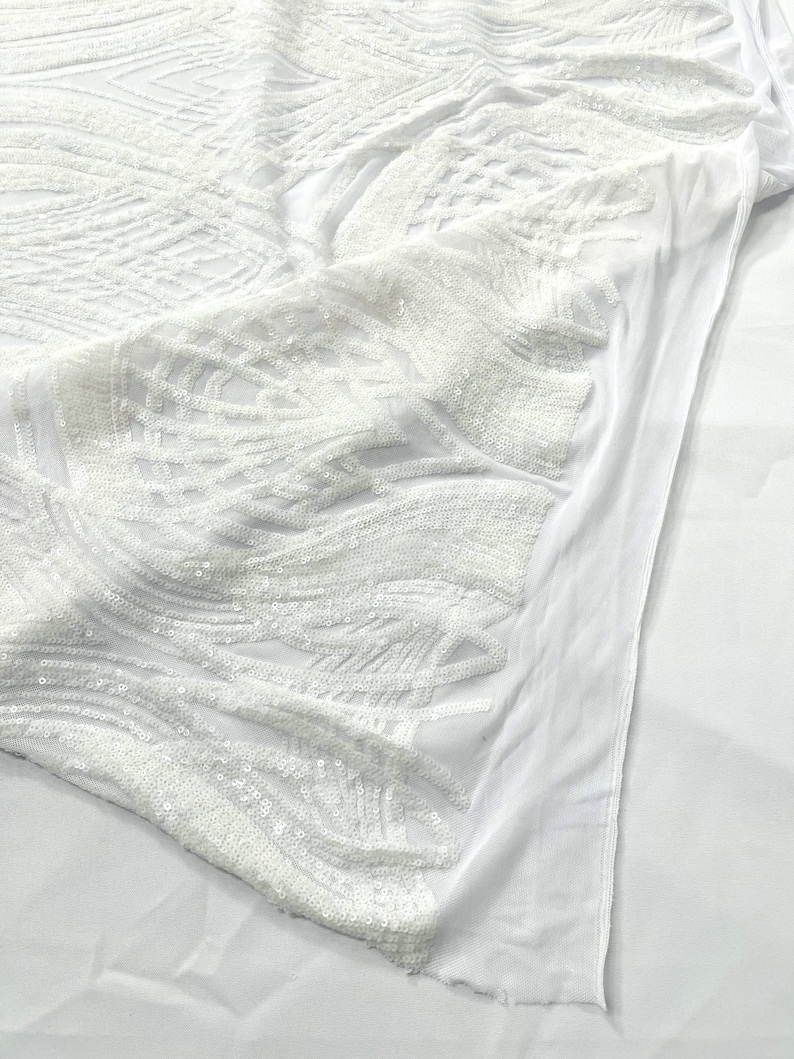 White Feather Damask Shiny Sequin Design on a 4 Way Stretch Mesh Fabric ...