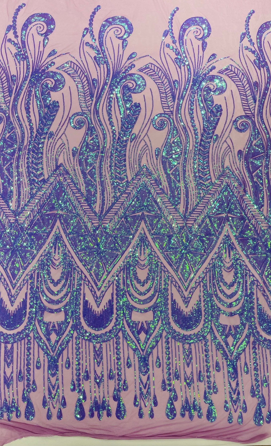 Lavender Iridescent Zigzag/feather Damask Sequin Design on a 4 Way ...