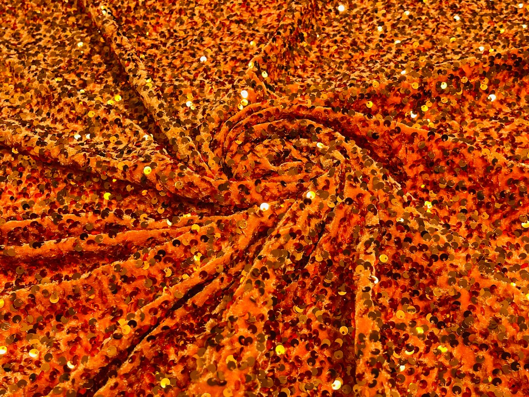 Orange 5mm Sequins on a Stretch Velvet 2-way Stretch, Sold by the Yard ...