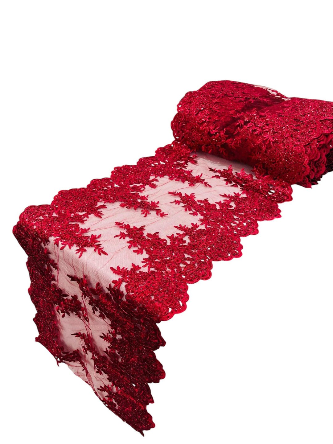 BURGUDY 14"wide X 90"long Sequins Red Metallic Embroidered Lace on Mesh ...