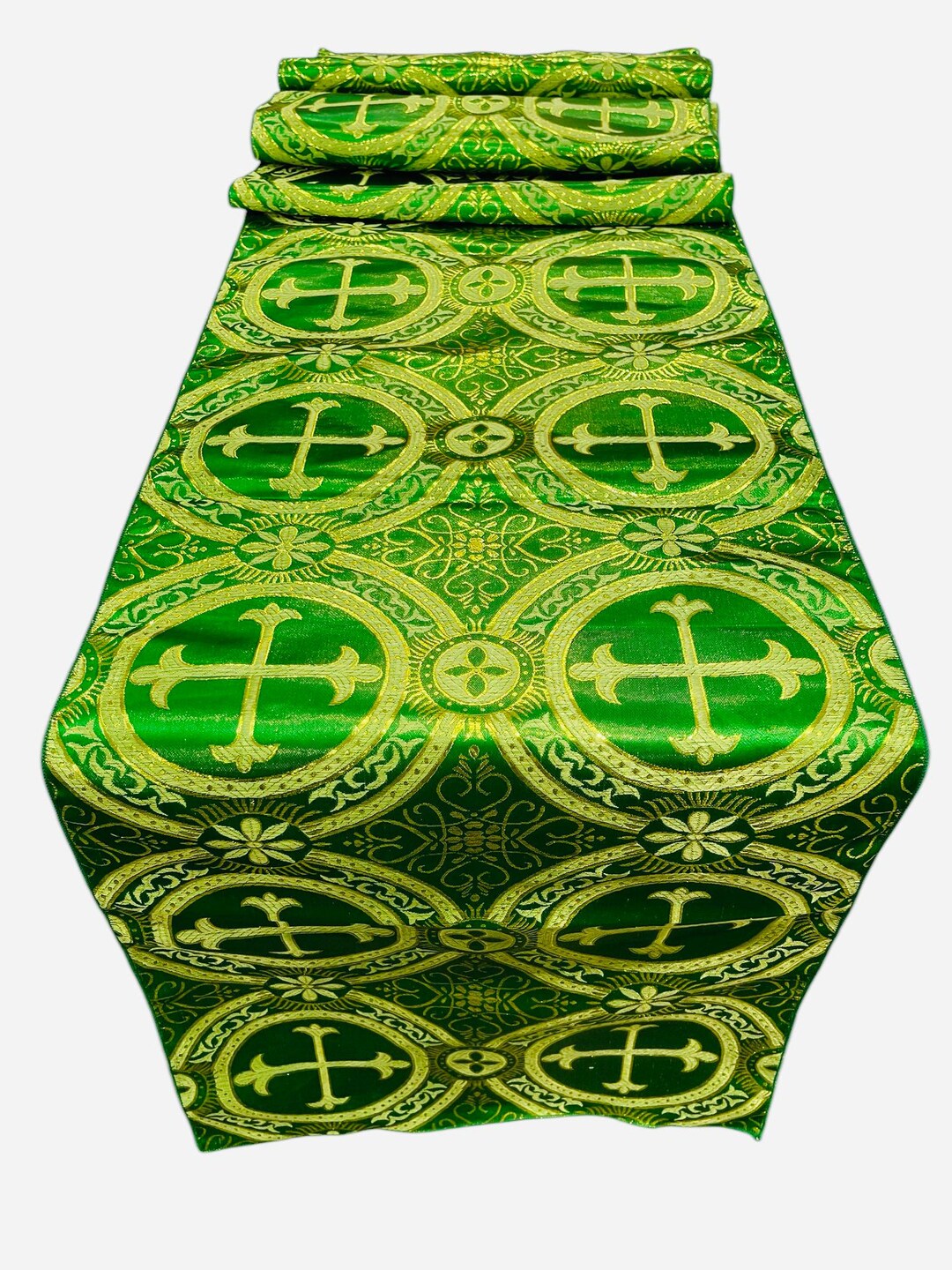 Green / Gold - Religious Brocade Runner Tablecloth | Liturgical Fabric ...
