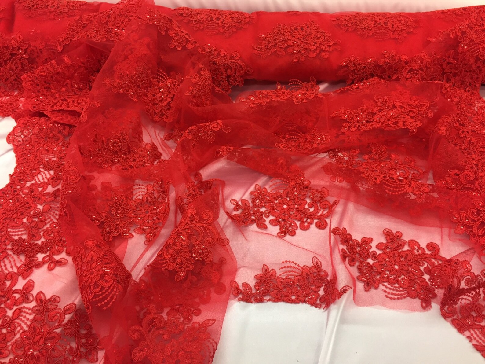 Red Flower Lace Corded and Embroider With Sequins on a Mesh. Wedding ...
