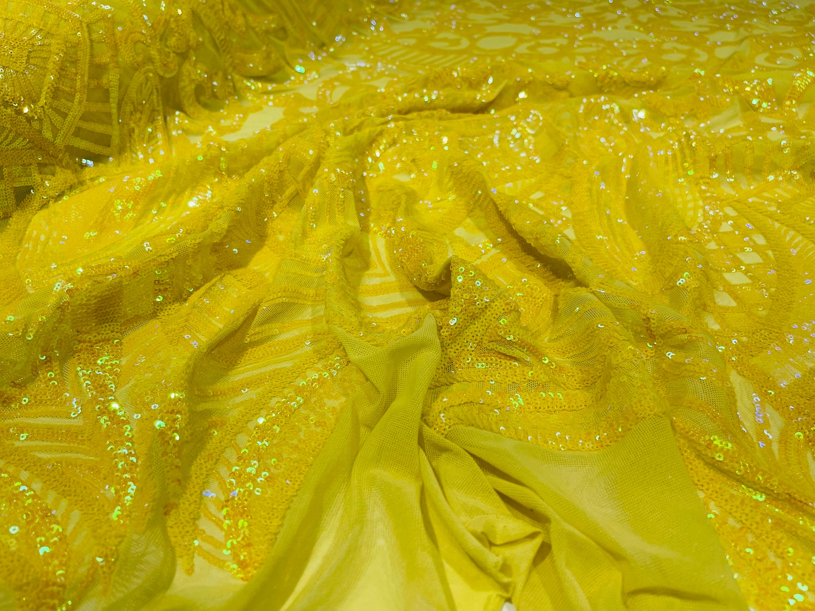 Bright Yellow Iridescent Royalty Sequin Design on 4 Way Stretch Mesh ...