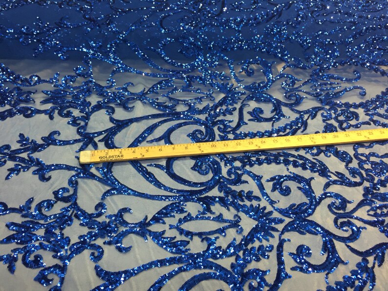 Royal Blue Damask Design Embroider With Sequins on a 2 Way Stretch Mesh ...