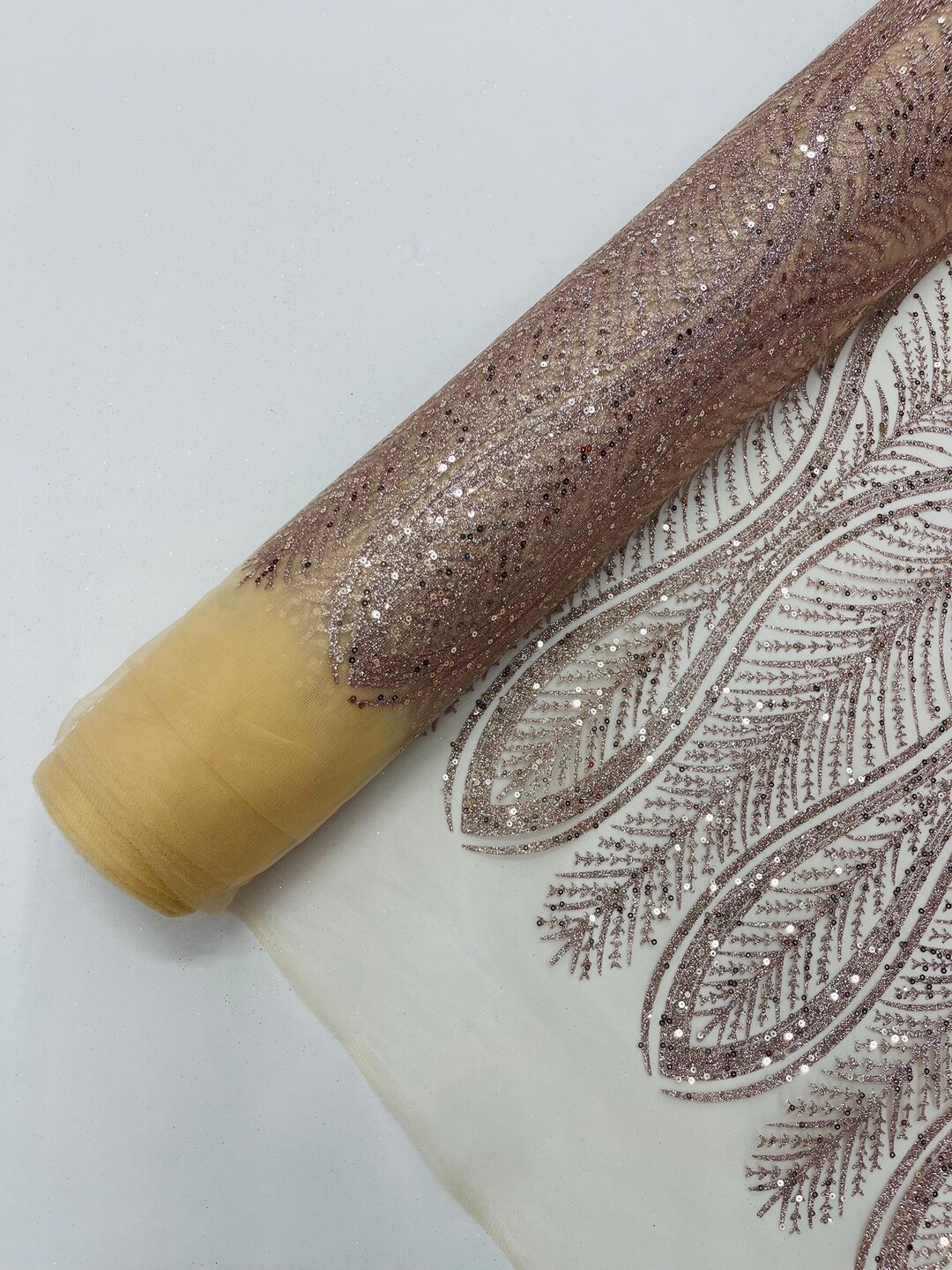 Blush Pink Glitter Feather Damask Design on A Beige Mesh Lace Fabric ...